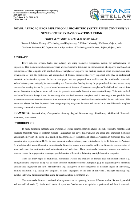Pdf Novel Approach For Multimodal Biometric System Using Compressive Sensing Theory Based