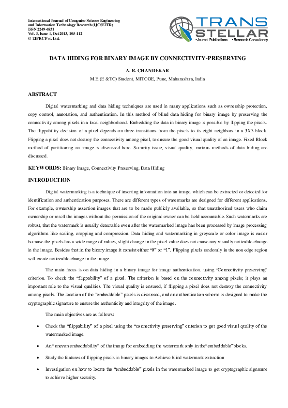 (PDF) Data Hiding for Binary Image by Connectivity-Preserving
