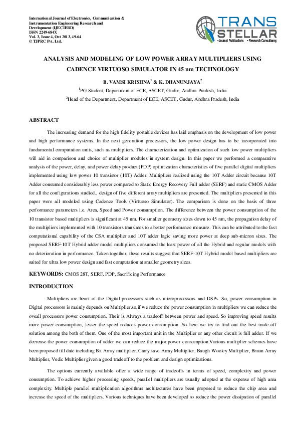 Pdf Analysis And Modeling Of Low Power Array Multipliers Using Cadence Virtuoso Tool In 45 Nm