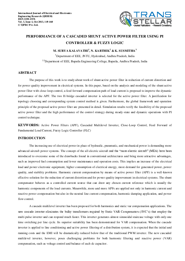 Pdf Performance Of A Cascaded Shunt Active Power Filter Using Pi Controller And Fuzzy Logic