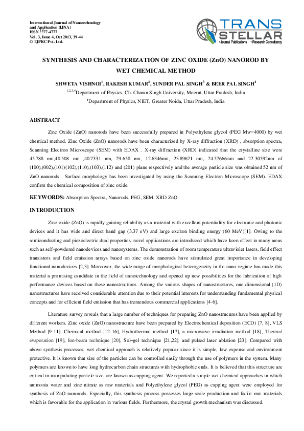 (PDF) Synthesis and Characterization of Zinc Oxide (ZnO) Nanorod by Wet Chemical Method