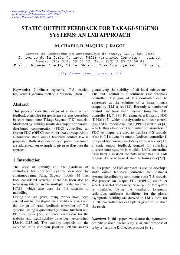 Pdf Static Output Feedback For Takagi Sugeno Systems An Lmi Approach