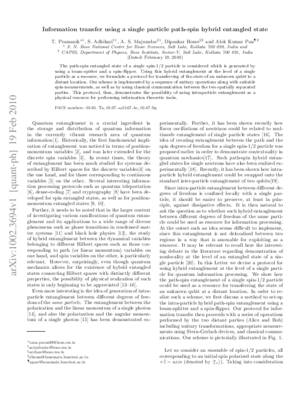 Pdf Information Transfer Using A Single Particle Path Spin Hybrid Entangled State