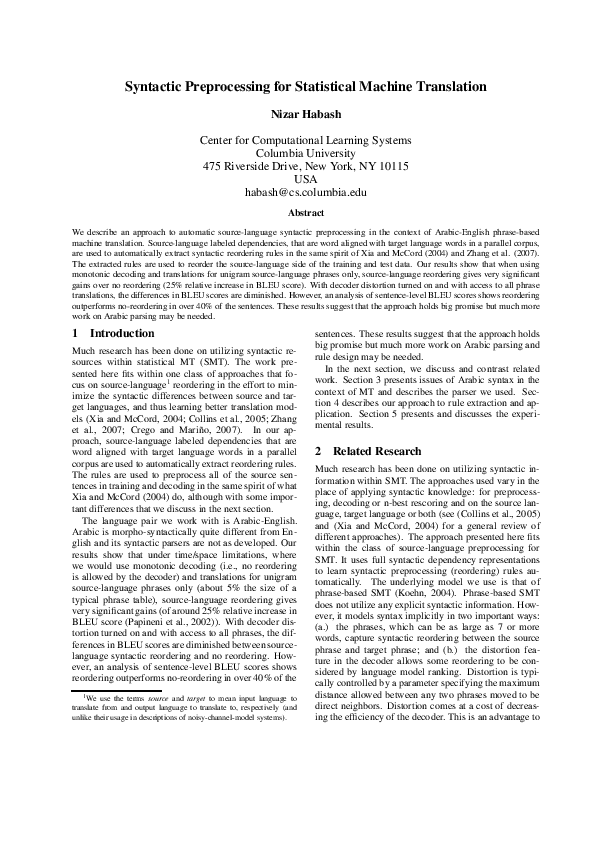 Pdf Syntactic Preprocessing For Statistical Machine Translation