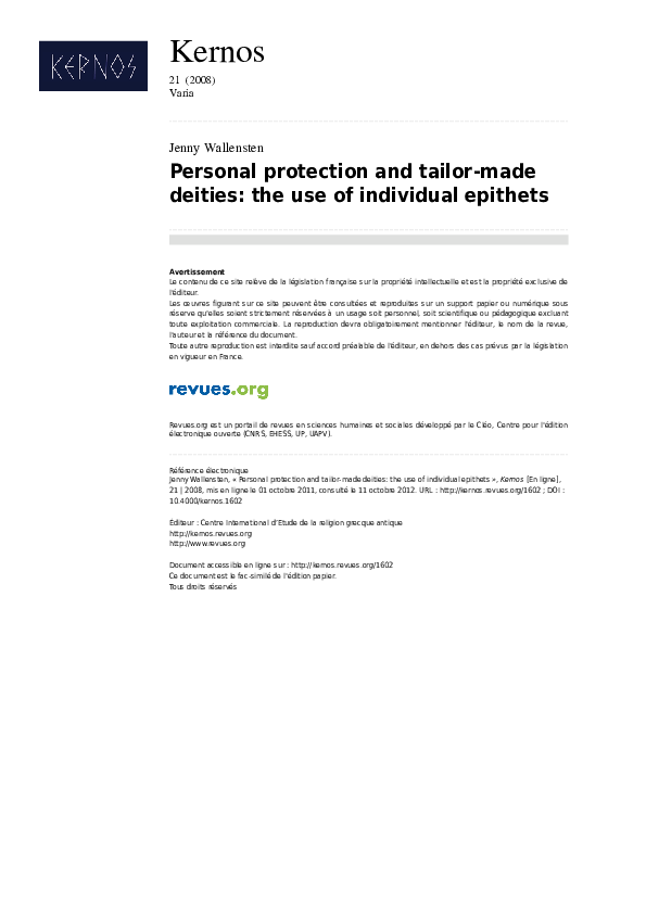 (PDF) Personal protection and tailor-made deities: the use of ...