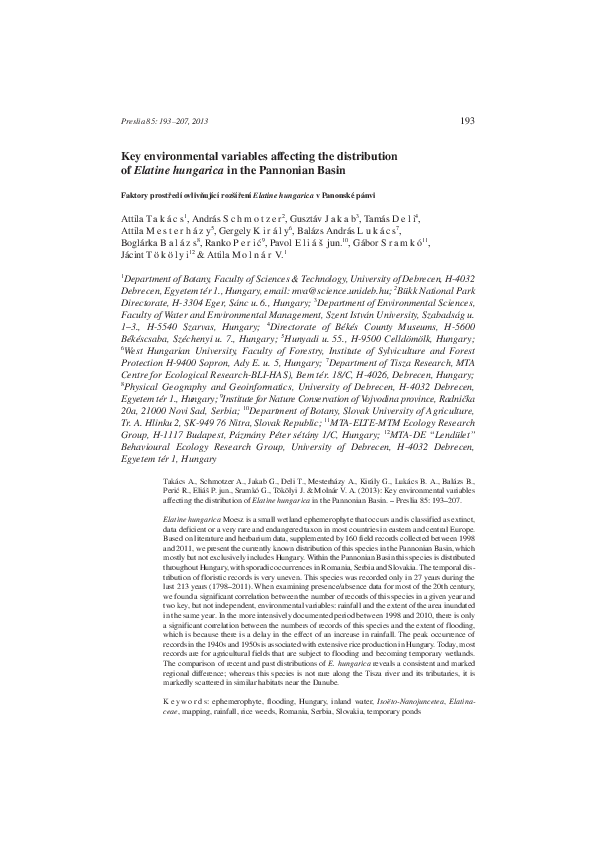 Key Environmental Variables Affecting The Distribution Of Elatine