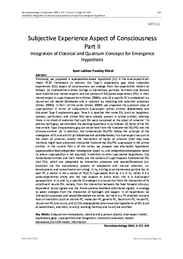 (PDF) Subjective Experience Aspect of Consciousness Part II ...