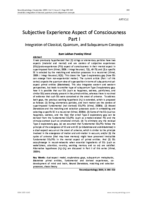 (PDF) Subjective Experience Aspect of Consciousness Part I ...