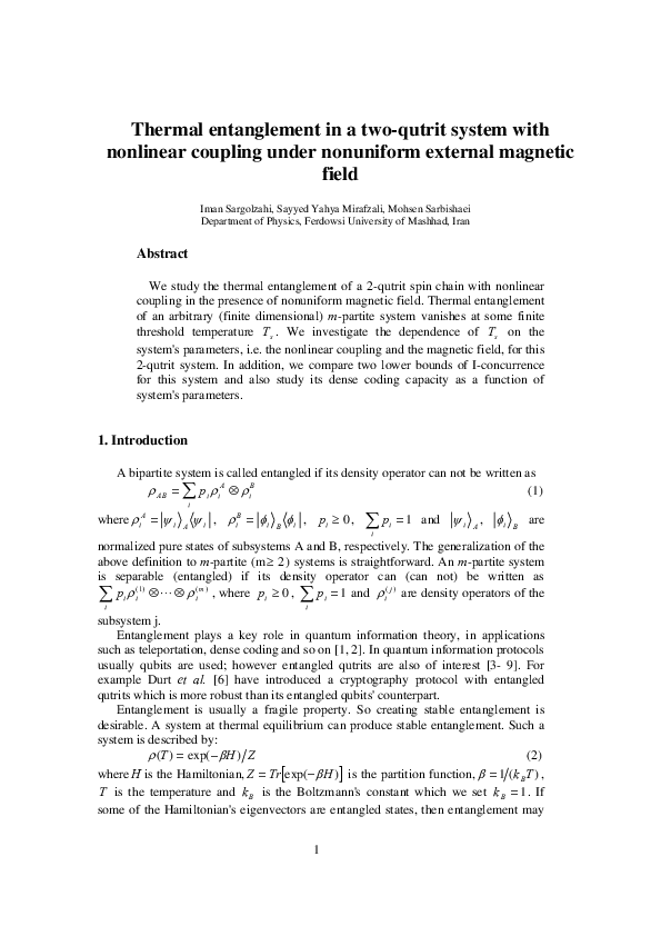 (PDF) Thermal entanglement in a two-qutrit system with nonlinear coupling under nonuniform ...