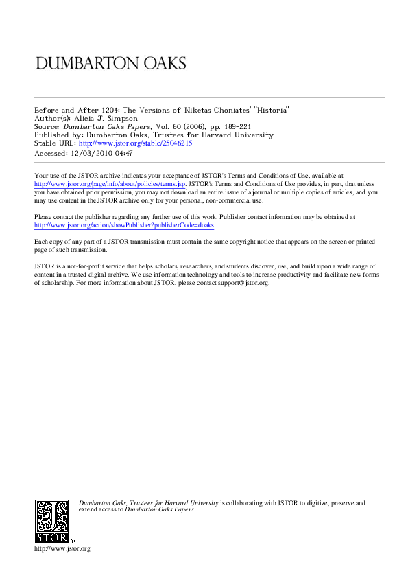Before and After 1204: The Versions of Niketas Choniates' Historia, DOP ...