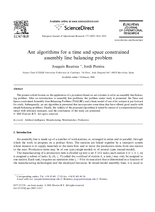 Pdf Ant Algorithms For A Time And Space Constrained Assembly Line Balancing Problem