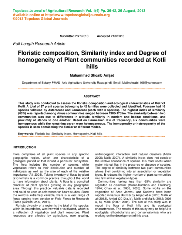 (PDF) Floristic composition Similarity index and homogeneity of Plant ...