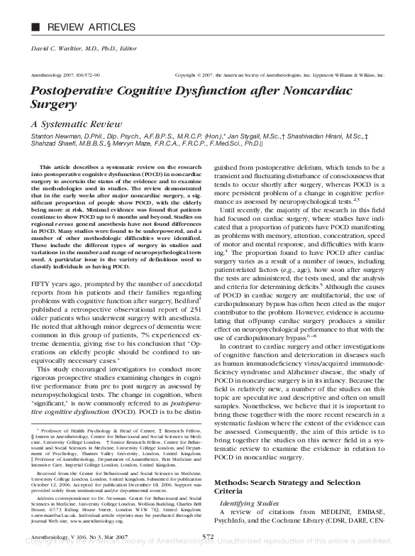 (PDF) Postoperative Cognitive Dysfunction after Noncardiac Surgery: A ...