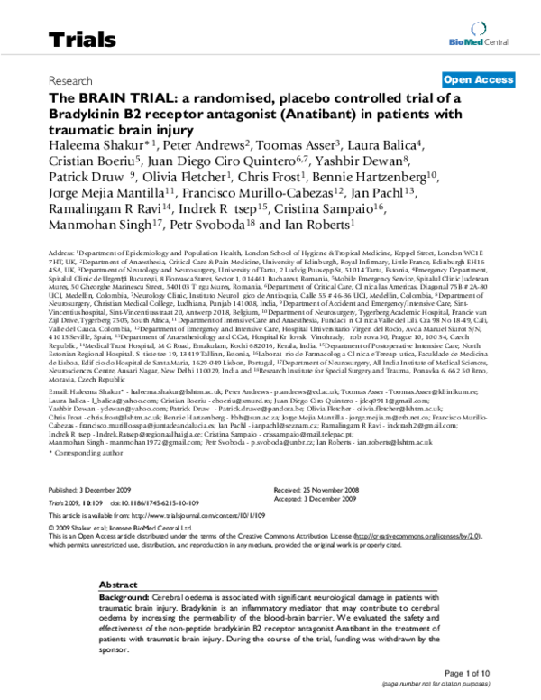 (PDF) The BRAIN TRIAL: a randomised, placebo controlled trial of a Bradykinin B2 receptor ...