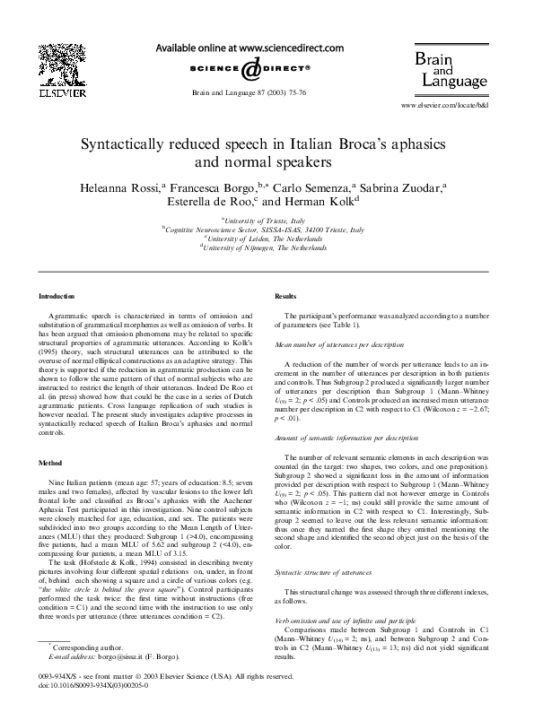 (PDF) Syntactically reduced speech in Italian Broca’s aphasics and ...
