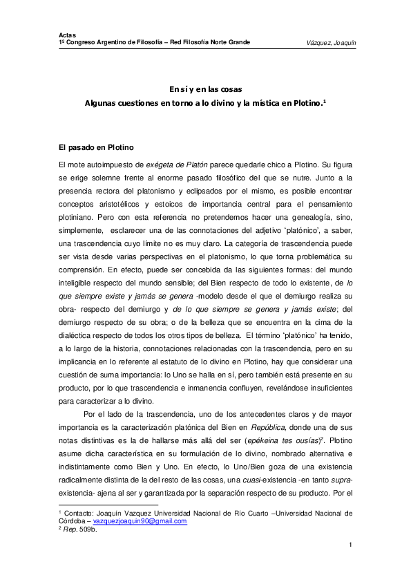 (PDF) En sí y en las cosas, algunas cuestiones en torno a lo divino y la mística en Plotino.