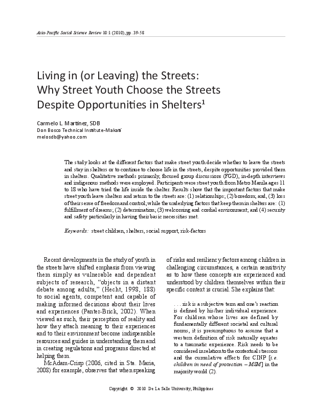 (PDF) Living in (or Leaving) the Streets: Why Street Youth Choose the ...