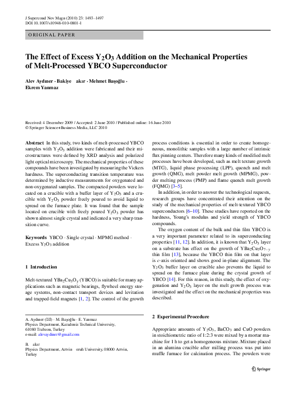 (PDF) The Effect of Excess Y2O3 Addition on the Mechanical Properties of Melt-Processed YBCO ...