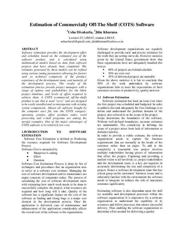 (PDF) Estimation of Commercially Off-The Shelf (COTS) Software
