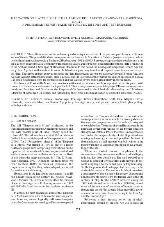 (PDF) Habitation on plateau I of the hill Timpone della Motta ...
