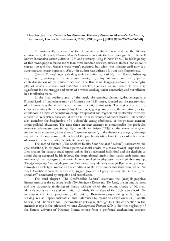(PDF) Estetica lui Norman Manea (București: Cartea Românească, 2012)