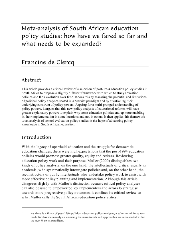 (PDF) Meta-analysis of South African Education Policy Studies: How have ...