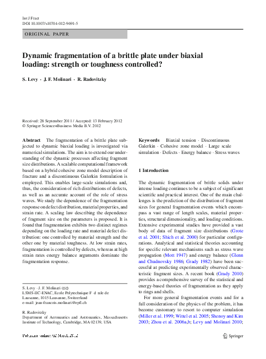 (PDF) ORIGINAL PAPER Dynamic fragmentation of a brittle plate under biaxial loading: strength or ...