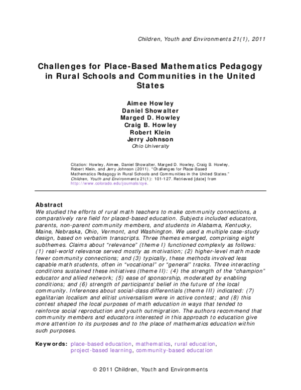 (PDF) Challenges for Place-Based Mathematics Pedagogy in Rural Schools ...