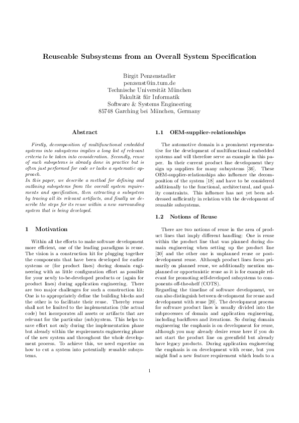Reuseable Subsystems from an Overall System Speciﬁcation