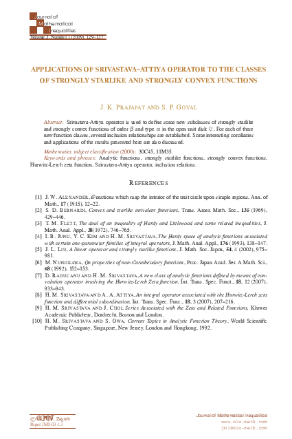 Pdf Applications Of Srivastava Attiya Operator To The Classes Of Strongly Starlike And