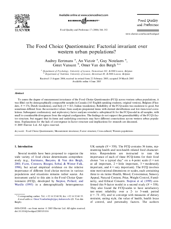 (PDF) The Food Choice Questionnaire: Factorial Invariant Over Western ...