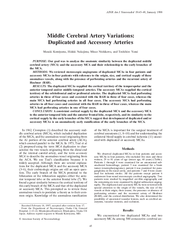 (PDF) Middle Cerebral Artery Variations: Duplicated and Accessory Arteries
