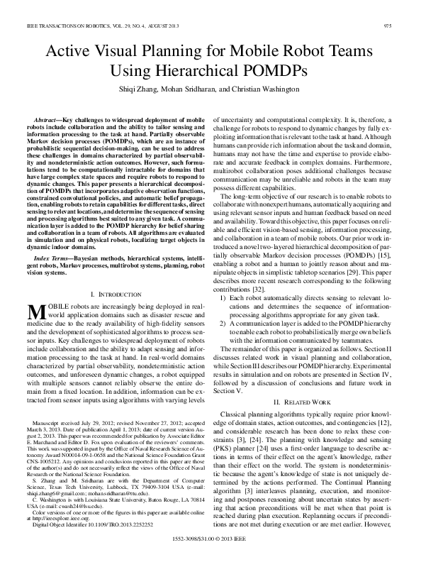 (PDF) Active Visual Planning for Mobile Robot Teams Using Hierarchical POMDPs