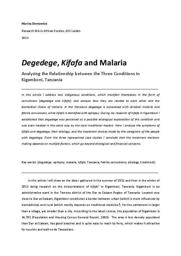 (PDF) Degedege, Kifafa and Malaria: Analyzing the Relationship between ...