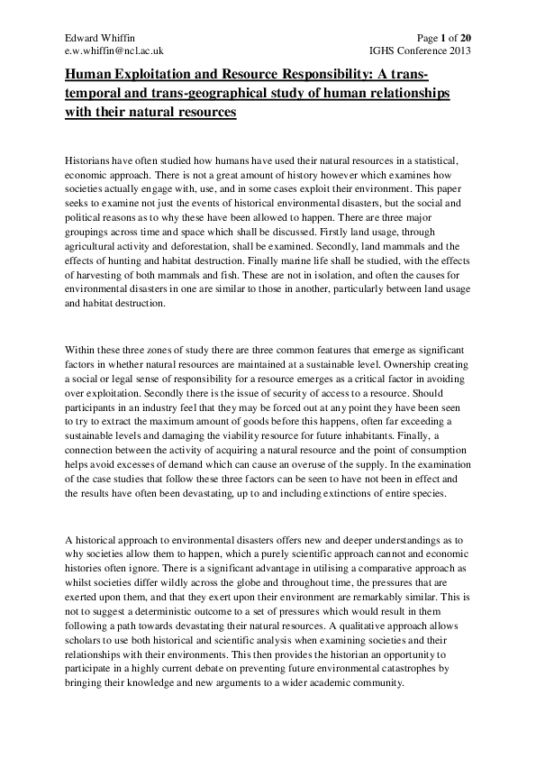 Pdf Human Exploitation And Resource Responsibility A Trans Temporal And Trans Geographical