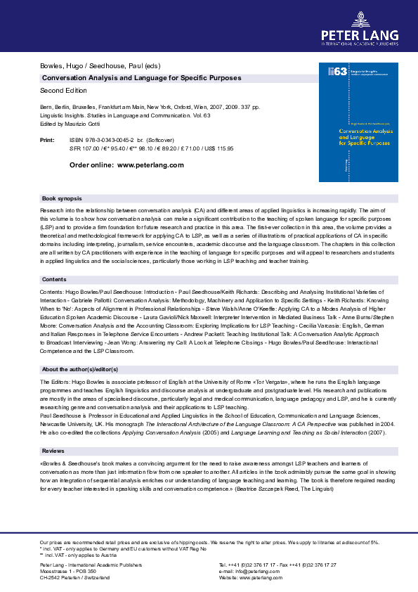 (PDF) Conversation Analysis and Language for Specific Purposes