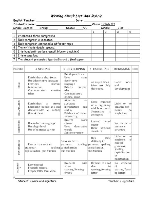(DOC) Writing Check List And Rubric
