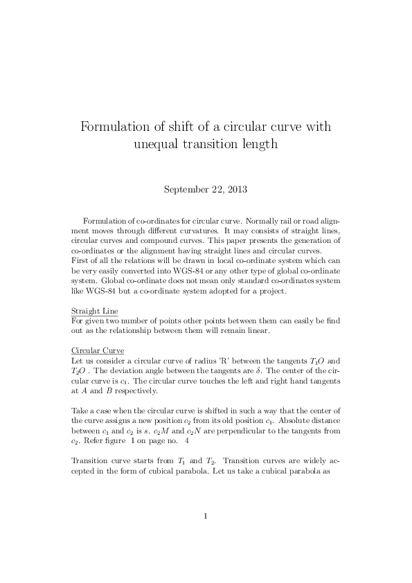 Pdf Formulation Of Shift Of A Circular Curve With Unequal Transition