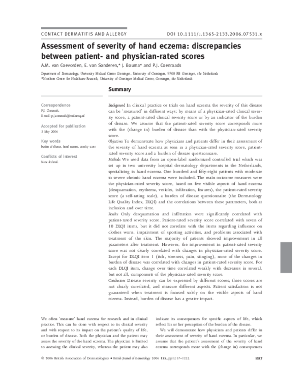 (PDF) Assessment of severity of hand eczema: discrepancies between ...