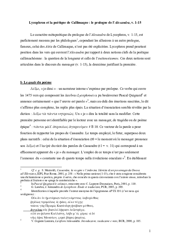 (PDF) Lycophron et la poétique de Callimaque : le prologue de l ...