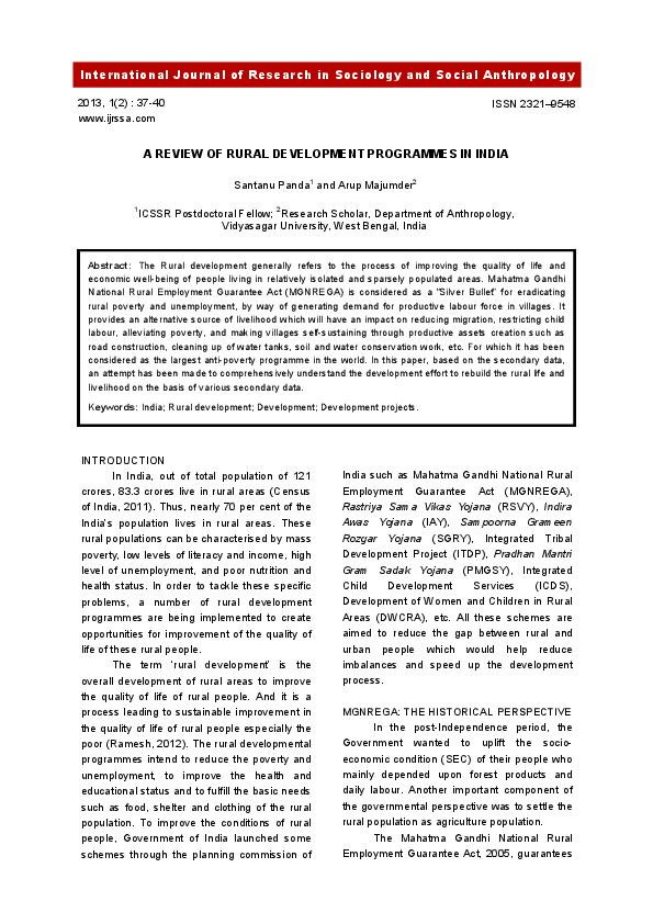 (PDF) A REVIEW OF RURAL DEVELOPMENT PROGRAMMES IN INDIA