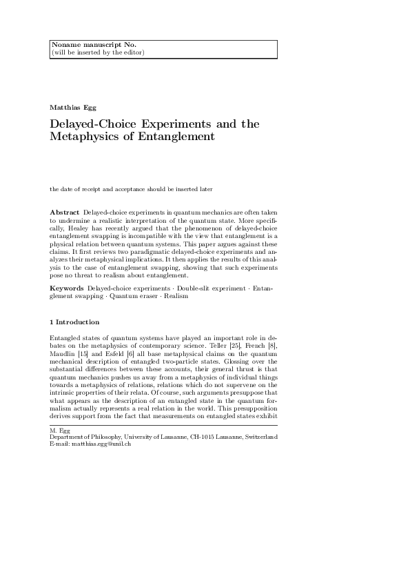(PDF) Delayed-choice Experiments and the Metaphysics of Entanglement ...