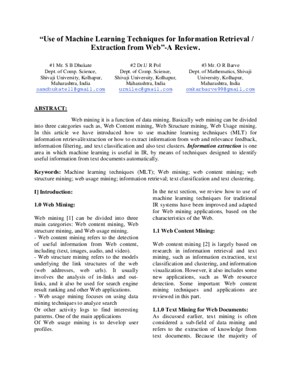 (PDF) Use of Machine Learning Techniques for Information Retrieval from ...