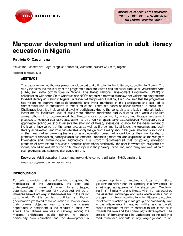 (PDF) Manpower development and utilization in adult literacy education ...