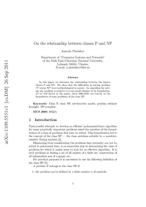 (PDF) On the relationship between classes P and NP