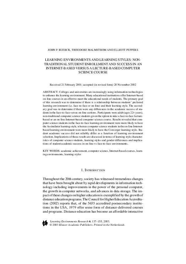 (PDF) LEARNING ENVIRONMENTS AND LEARNING STYLES