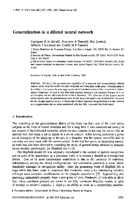 (PDF) Generalization in a diluted neural network