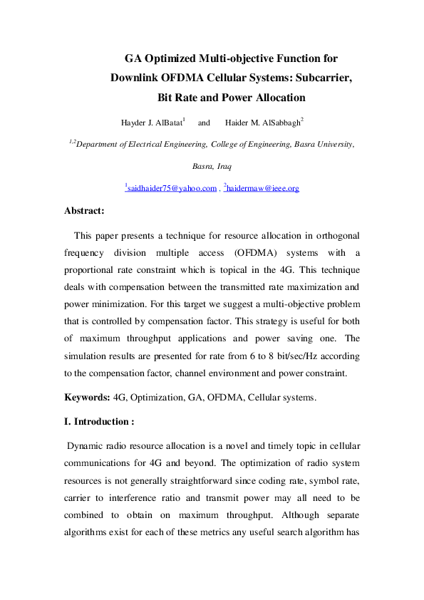Pdf Ga Optimized Multi Objective Function For Downlink Ofdma Cellular Systems Subcarrier Bit 