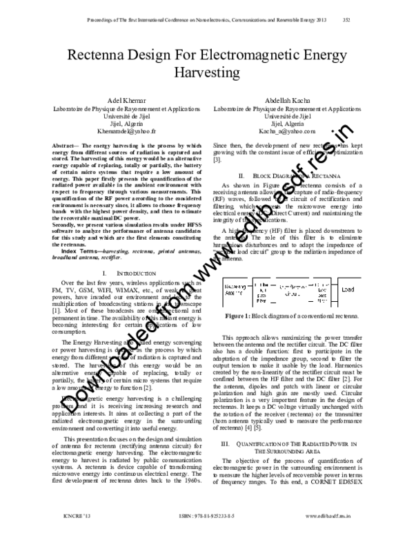 (PDF) Rectenna Design For Electromagnetic Energy Harvesting