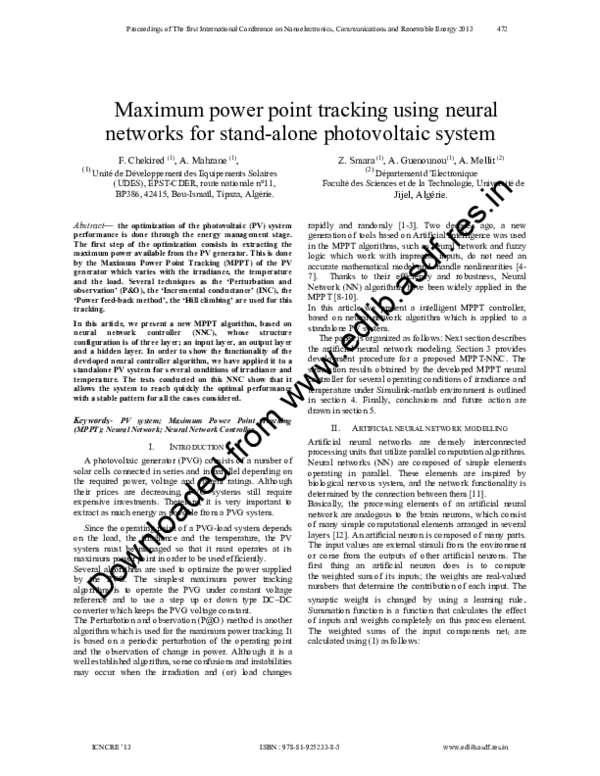 Pdf Maximum Power Point Tracking Using Neural Networks For Stand